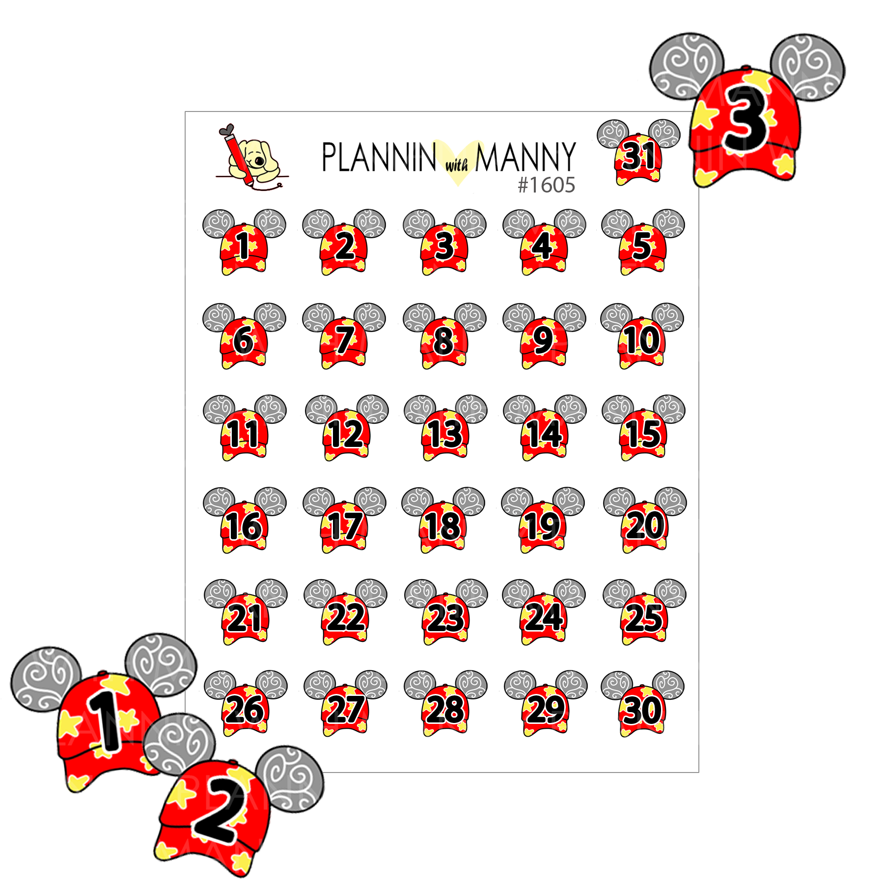1605 Magic Mouse Ear Hat Numbers Planner Stickers – Plannin with Manny