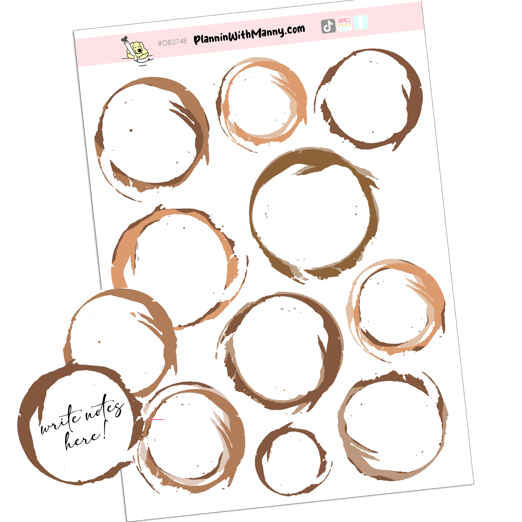 DB274B Write In Coffee Stain Sticker Sheet – Plannin with Manny
